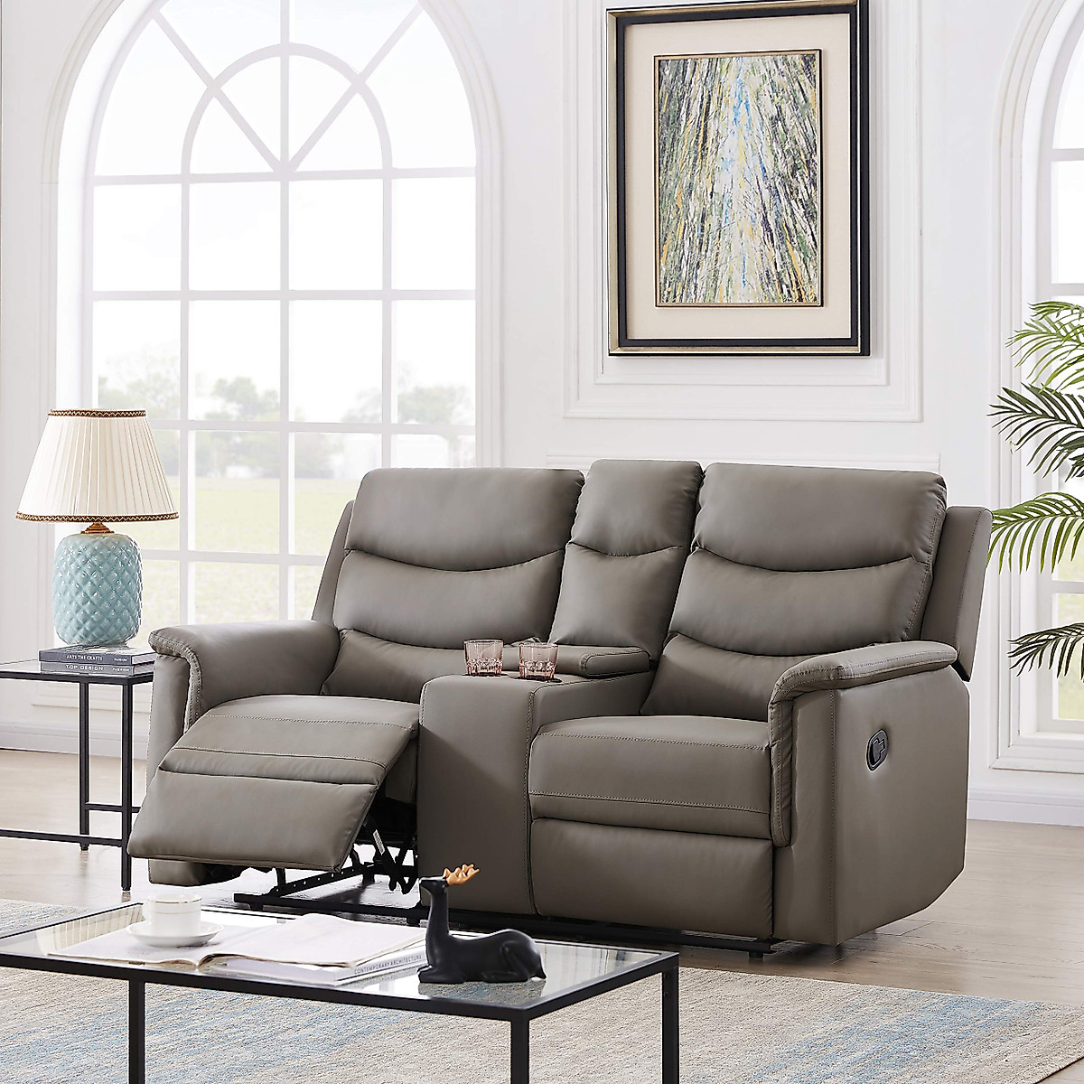 Eafurn Faux Leather Double Recliner Loveseat Console, 2 Seater Love Home Theater Seating RV Furniture,Pillow Top Armrest Manual Recliling Sofa & Couches with Storage & Cup Holders, Grey