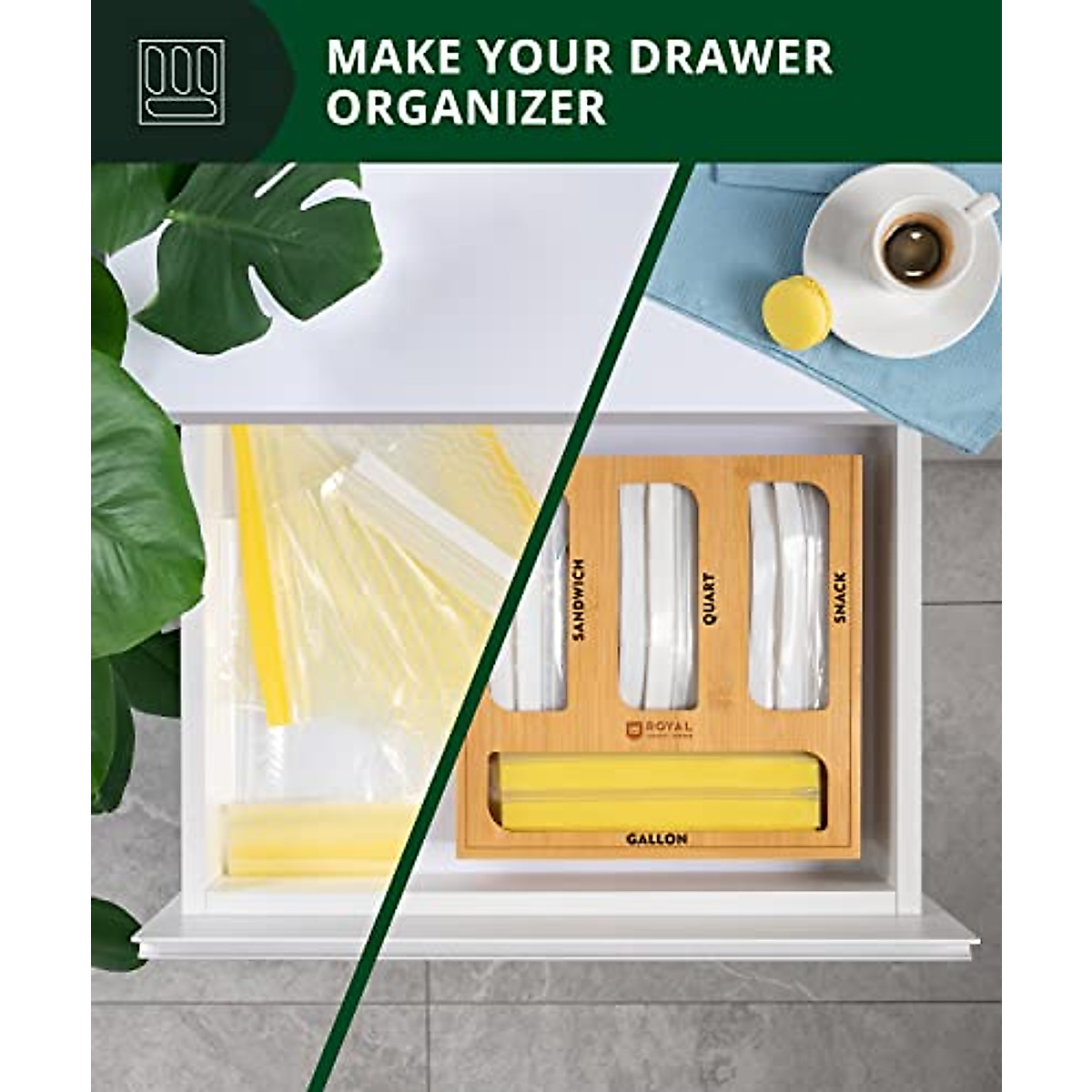 ROYAL CRAFT WOOD Bamboo Ziplock Bag Storage Organizer - Food Storage Bags Container with Slider - Kitchen Plastic Bags Storage Organization Compatible for Sandwich & Snack Bags