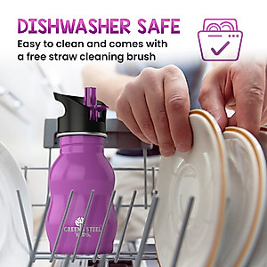 Kids Water Bottle with Straw & Handle, 12 oz Silver- Eco Friendly Toddler Cups with Straws - Easy Sip Metal Water Bottle for Kids - Cute Stainless Steel Water Bottles for Children - Leak Proof Lid