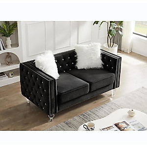 Tomkate 59.8 Inch Small Chesterfield Sofa, Modern Velvet Upholstered Loveseat Sofa Couch with Two Pillows and Crystal Feet, Crystal Buckle Upholstery Tufted 2 Seater Sofa for Living Room, Black