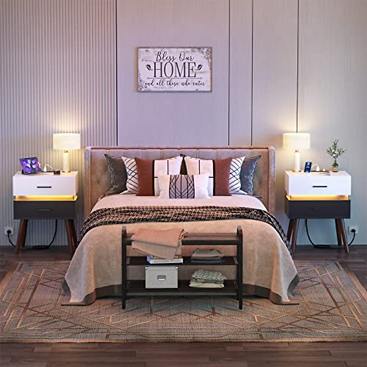 armocity Nightstands with Charging Station and LED Light, Bedside Table with Drawers, Modern Nightstand with Charging Port, Sturdy Night Stands with Light for Bedrooms, Guest Room, White and Black