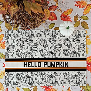 ARKENY Fall Thanksgiving Placemats 12x18 Inches Set of 4, Hello Pumpkin Hand Drawn,Seasonal Burlap Farmhouse Black White Indoor Kitchen Dining Table Autumn Decorations for Home Party AP446-18