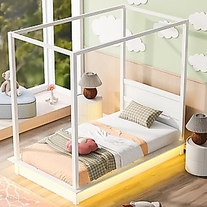 BOVZA Twin Size Canopy Bed Frame with LED Lights and Headboard, Wooden 4-Post Canopy Platform Bed with Support Slats, No Box Spring Needed, White