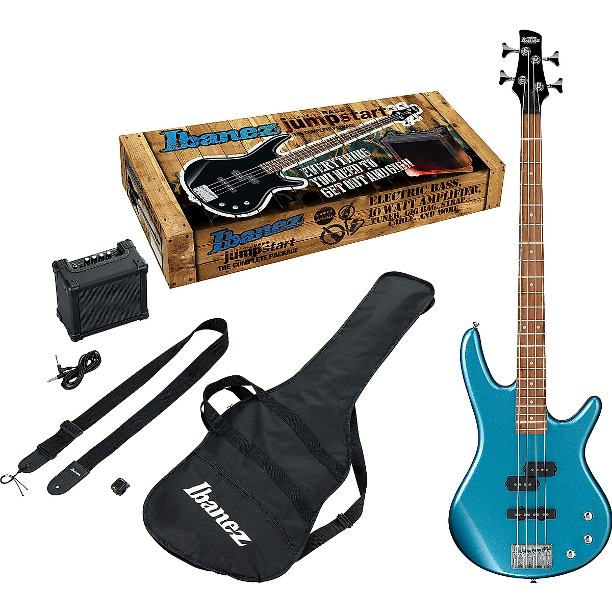 Ibanez IJSR190N Jumpstart Bass Metallic Light Blue w/Gig Bag, 10W Amp, Tuner, Strap, & Cable