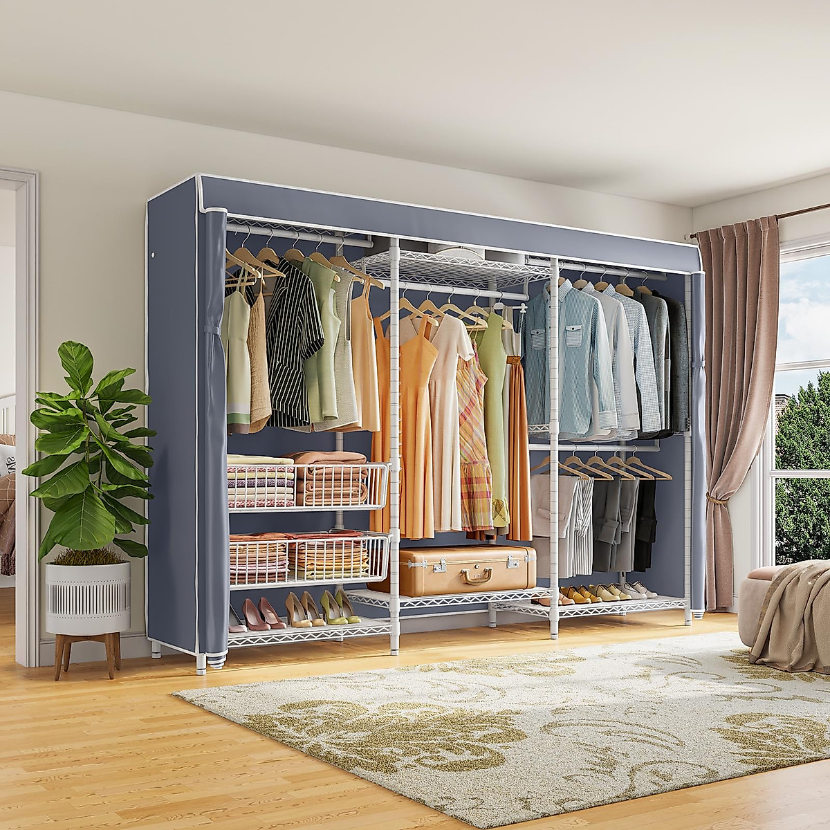 VIPEK V10C Plus Portable Closet Heavy Duty Clothes Rack with Slid Basket, Covered Wardrobe Closet, Adjustable Closet Storage Rack, White Clothing Rack with Grey Oxford Fabric Cover 86.6"Lx17.3Wx76.4 H