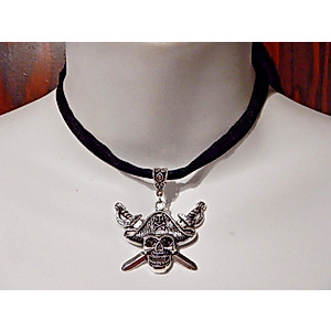 Handmade Jolly Roger Pirate Skull & Crossed Swords Pendant on Black Velvet Choker Necklace