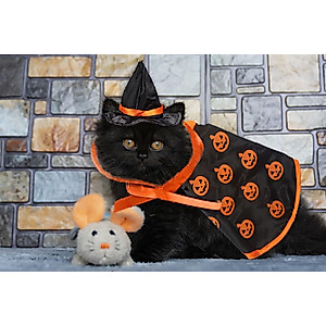 Halloween Cat Costume Cloak Witch Hat Pet Accessories Halloween Adjustable Pumpkin Pet Costume Clothes Set, Halloween Pet Costume Decor Cloak for Cats Dogs Animal Halloween Carnival Party Supplies