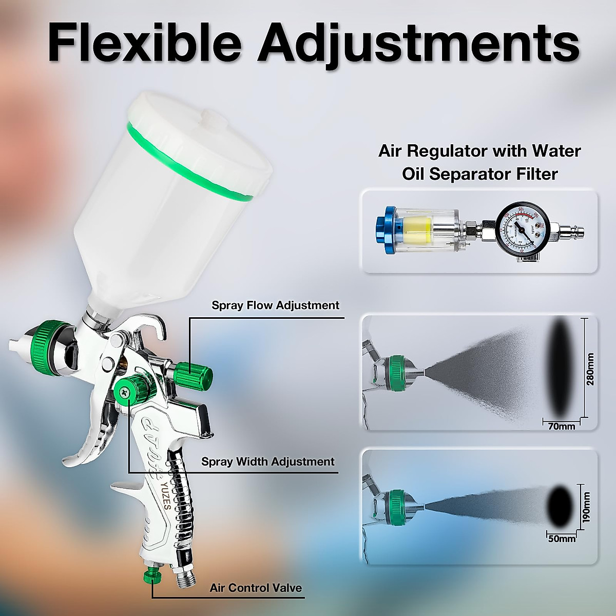 YUZES HVLP Spray Gun with 1.4/1.7/2.0mm Copper Nozzles, Automotive Paint Gun Set, Spray Paint Gun with Air Regulator and 10 PCS Paper Funnel, Paint Gun for Cars Primer, Furniture, DIY (Green)