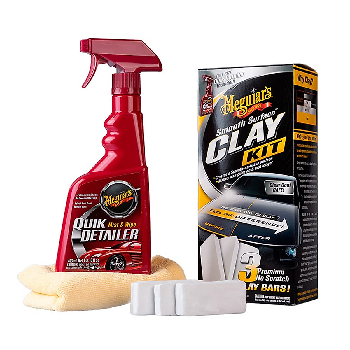Meguiar's G1116EU Quik Clay Bar Starter Kit with 80g of clay and 473ml Detailer to safely remove surface bonded contaminants such as tar, tree sap, overspray and industrial fallout