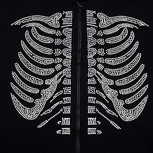 MOUSYA Women’s Skeleton Oversized Zip Up Hoodie Y2k Skull Sweashirt Rhinestone Graphic Hoodies Fall Long Sleeve Pullover Tops Black