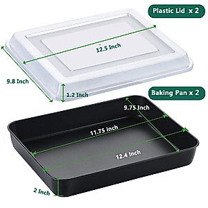 LIANYU 2 Pack Stainless Steel Baking Pan with Lid, 12⅖ x 9¾ x 2 Inch Lasagna Rectangle Cake Pan, Black Nonstick Bakeware for Brownie Bread Chicken, Stackable, Oven Safe