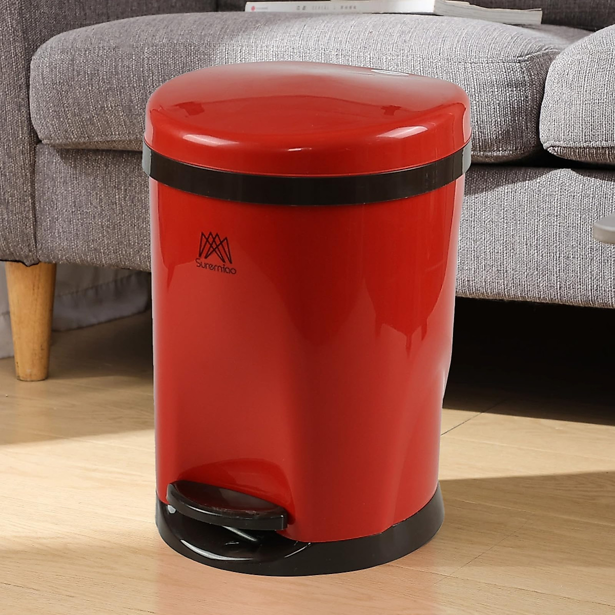 Afromy Small Bathroom Trash Can with Lid Soft Close, Step Pedal, 1.8 Gallon Garbage Can with Removable Inner Bucket, Red