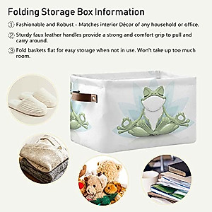Kigai Funny Frog Doing Yoga Square Storage Basket, Portable Leather Storage Basket for Office, Furniture, 14.2 L x 10.2 W x 8.3 H In
