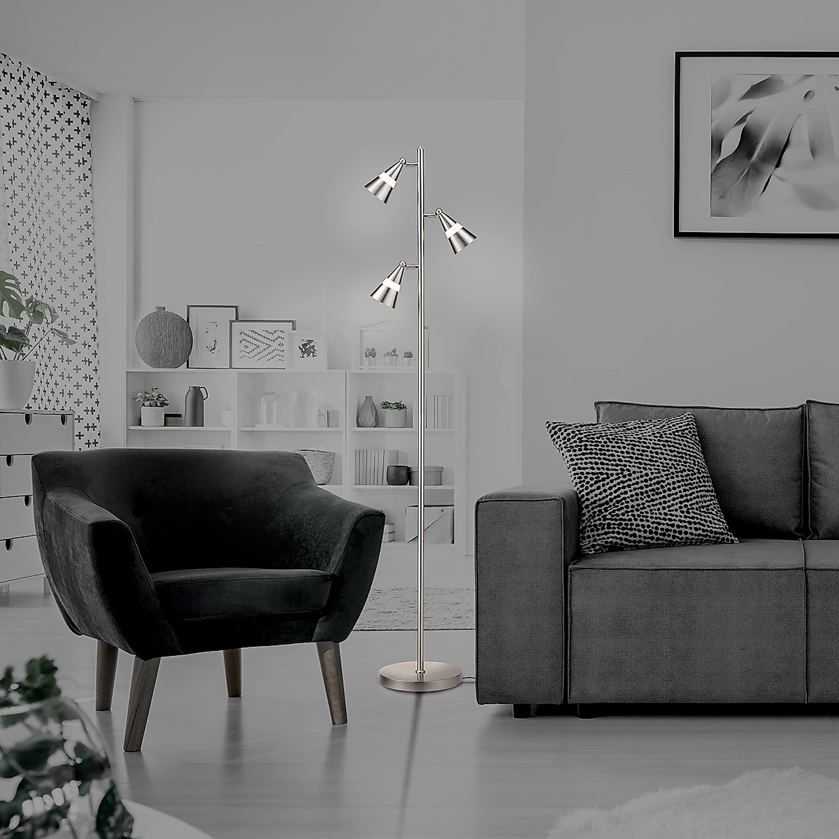 O’Bright Ash - 3-Light LED Tree Floor Lamp, Dimmable 3-Head LED, Multidirectional Standing lamp, Adjustable Multi-Shade, Swivel Cone Floor Lamp for Living Room, Bedroom, Antique Brass