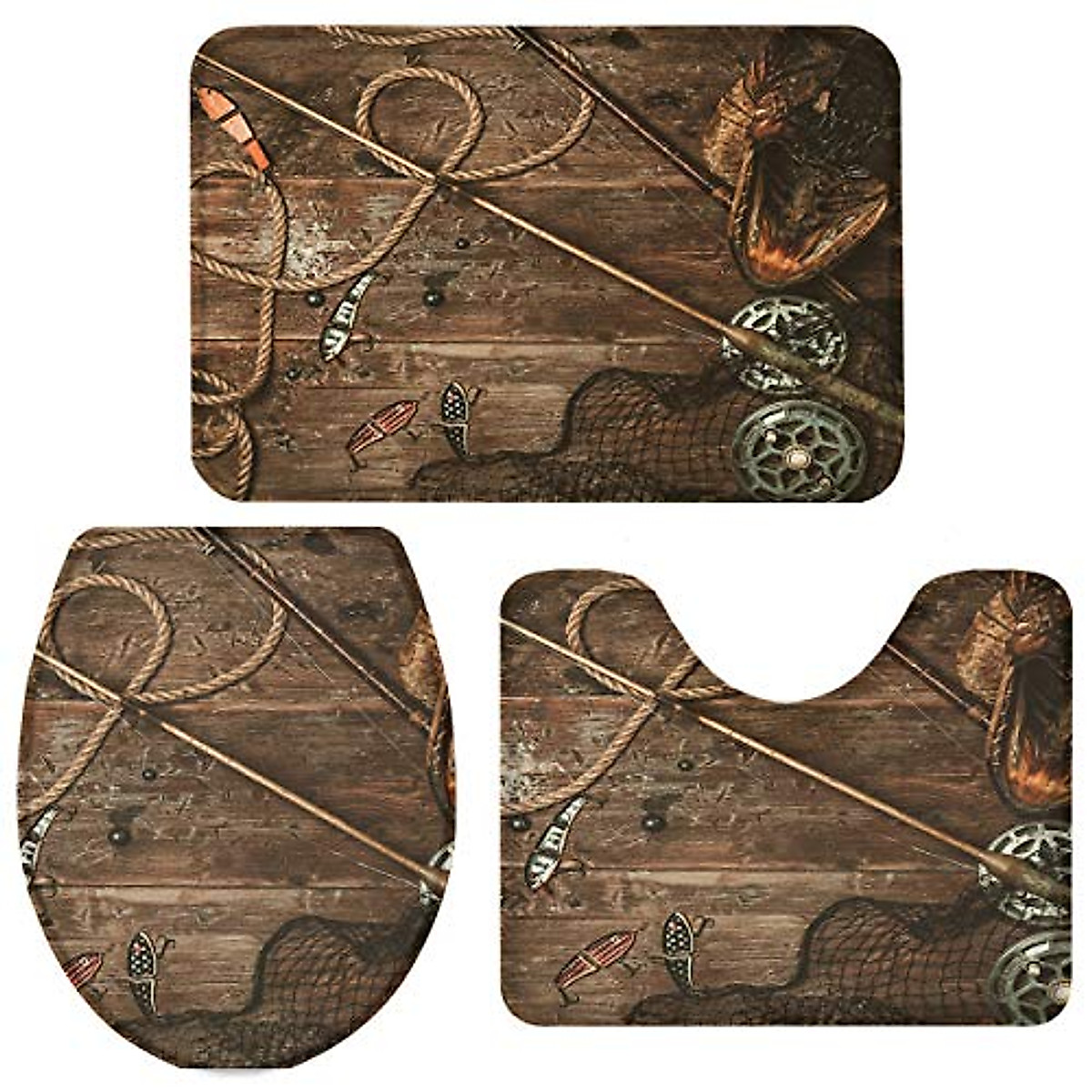 3 Piece Bath Rugs Set Non-Slip Bathroom Mats Absorbent Contour Soft Mat Toilet Lid Cover Bathroom Decor Set- Fisherman's Fishing Equipment on a Rustic Wooden Table 20"x32"+16"x18"+16"x20"