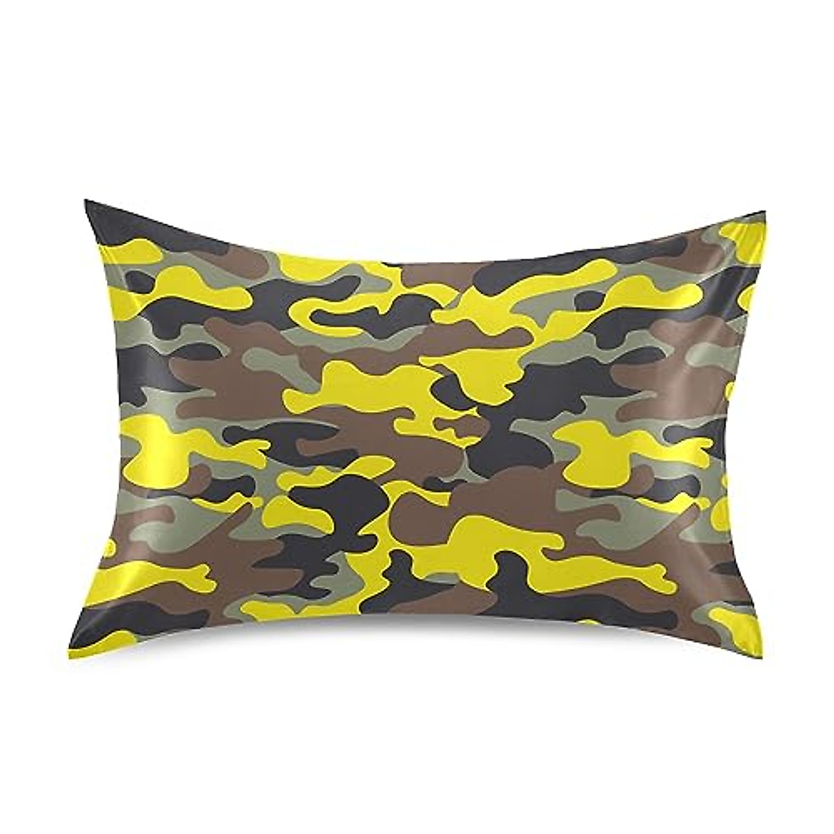 Yellow Camo Pillow Covers Silk Pillowcase for Hair and Skin Soft and Smooth Cooling Satin Pillowcase Standard Size Pillow Case for Bedroom Bed Sleeping (20x26 Inch)