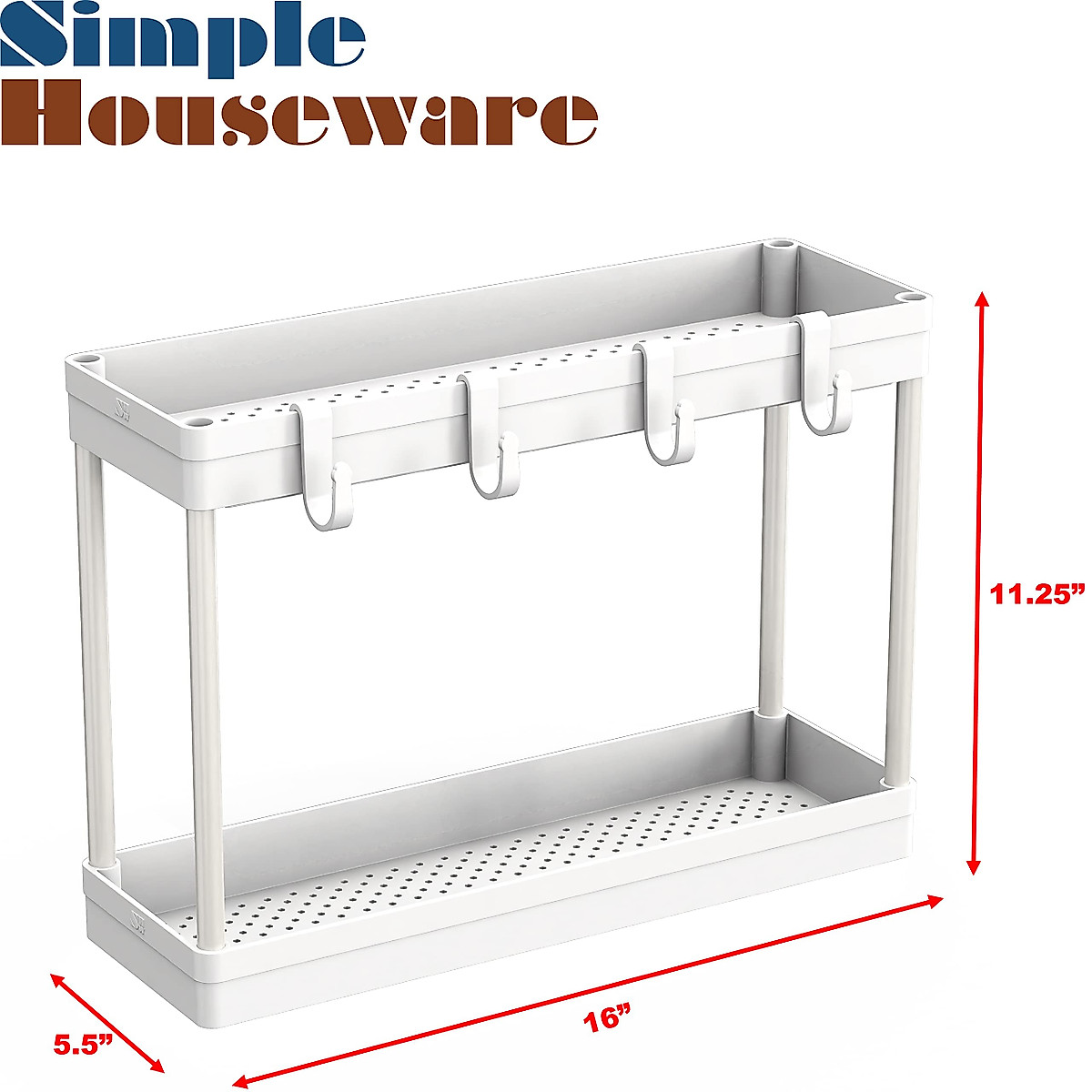 SimpleHouseware 2-Tier Under Sink Organizer Storage Tray with Hooks, White