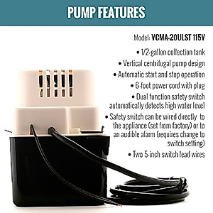 Little Giant VCMA-20ULST 115 Volt, 80 GPH, 1/30 HP Automatic Condensate Removal Pump with Safety Switch and Tubing, White/Black, 554435