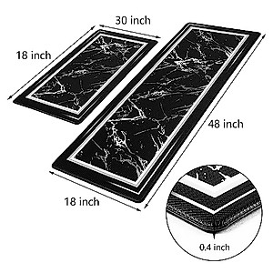 ASPMIZ 2 PCS Kitchen Rugs Non Slip, Black Marble Kitchen Mats Cushioned Anti Fatigue, Comfort Standing Mat for Kitchen Floor, Marble Kitchen Rugs Sets of 2 Washable, 18'' x 48'' + 18'' x 30''