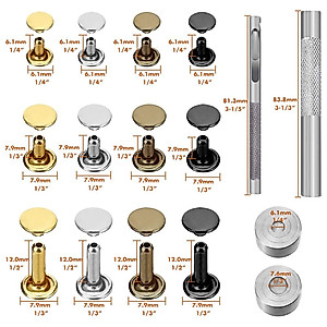 Selizo 480 Sets 4 Colors 3 Sizes Leather Rivets Double Cap Rivet Tubular Metal Studs with 3 Pieces Setting Tool Kit for Leather Craft Repairs Decoration