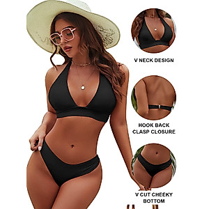 Blooming Jelly Womens High Cut Bikini Sets Sexy Cheeky Two Piece Swimsuit Slimming Halter Flattering Ladies Cute Bathing Suit (Medium, Black)