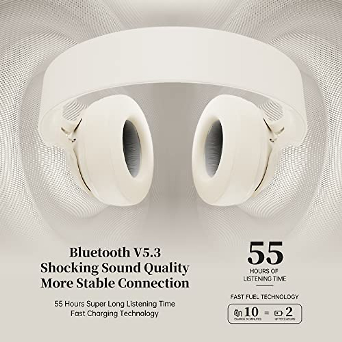 FINGERTIME Bluetooth Headphones Over-Ear, 60H Playtime and with Low Latency Wireless Headphones with Microphone, HiFi Stereo Foldable Lightweight Headset, Deep Bass for Home Office (Beige)