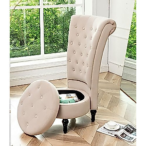Container Furniture Direct Royal High-Back Velvet Accent Chair for Vanity with Storage and Luxurious Upholstery, Retro Design and Versatile Usage for Living Room, Bedroom, Lounge and Office, Ivory