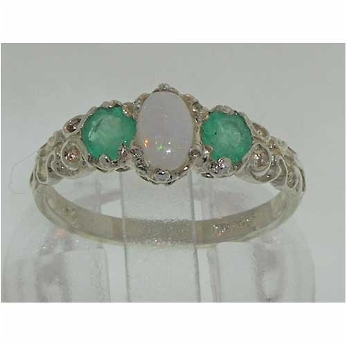LetsBuyGold 925 Sterling Silver Real Genuine Opal and Emerald Womens Trilogy Engagement Ring - Size 6