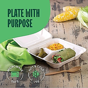 [Bulk - 200-Count] 100% Compostable to Go Containers 8x8" 3-Compartment Clamshell Take Out Food Container with Hinged Lid - Disposable Togo Plates - Eco-Friendly Takeout Box Made of Sugar Cane Bagasse