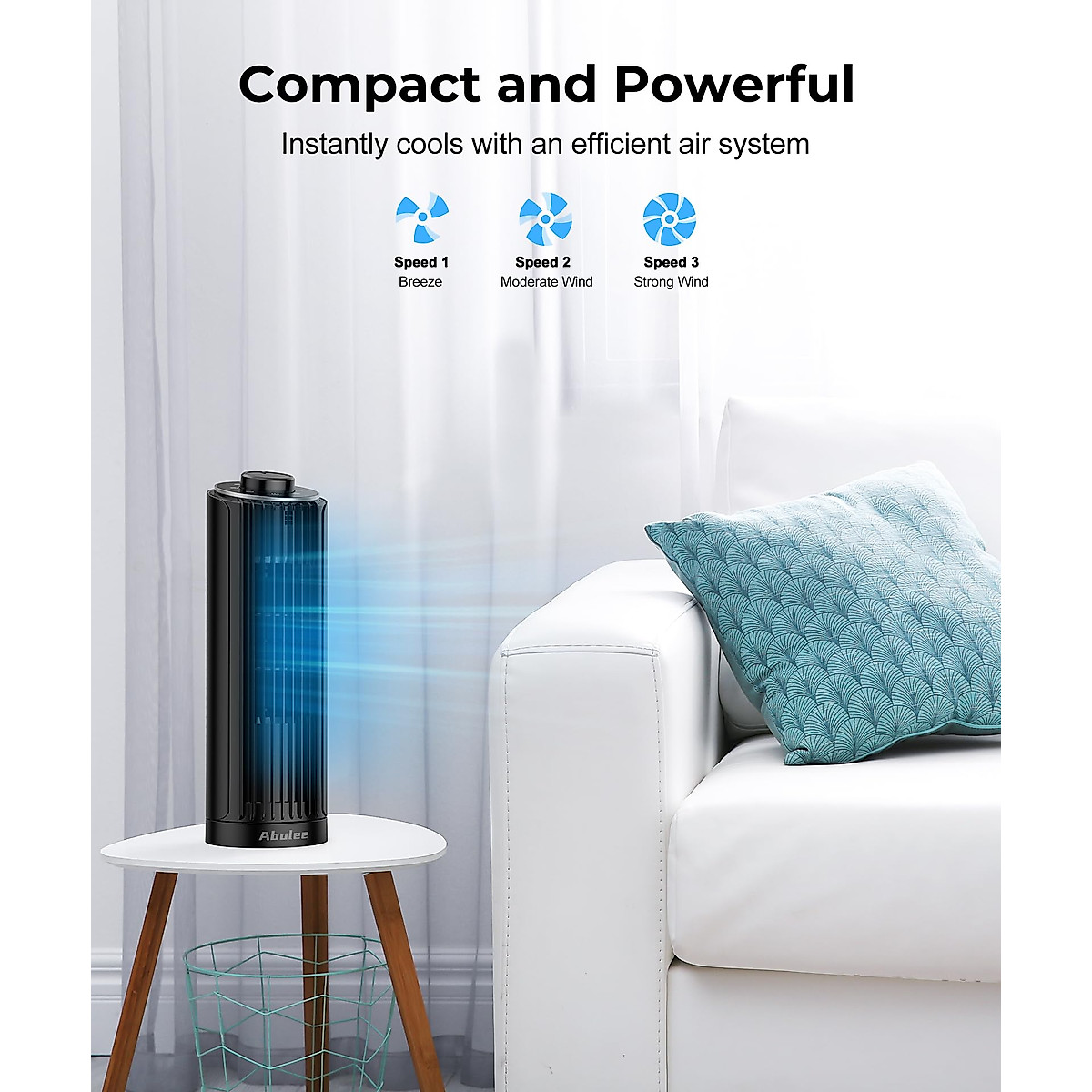 Abolee Tower Fan, 23ft/s Desk Fan, 70° Oscillating Table Fan for Bedroom, Standing Table Fan with 3 Modes, 2024 New 13 Inch Bladeless fan for Bedroom, Home,Office Black