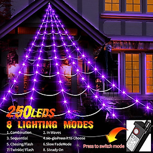 Halloween Spider Webs 16.5ft x15.8ft with 250 LED Purple Lights && 59" Giant Spider,Scary Halloween Outdoor Decors for Party Garden Home Costumes Yard Haunted House