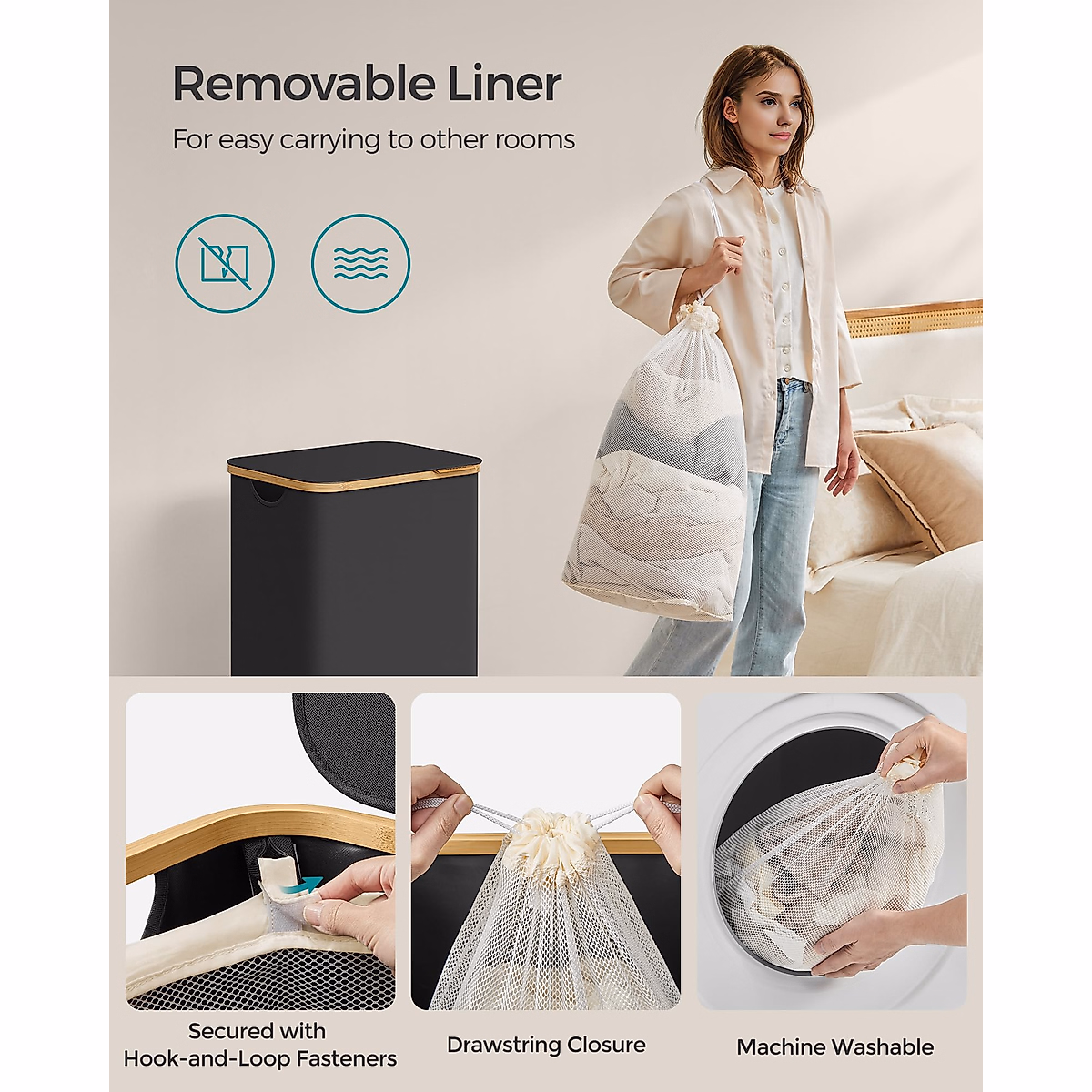 SONGMICS Laundry Hamper with Lid, Large Laundry Basket, 23.8 Gallons (90L), Removable Mesh Liner, Bamboo Handles, Collapsible, 16.5 x 12.6 x 27.8 Inches, Ink Black ULCB509B01