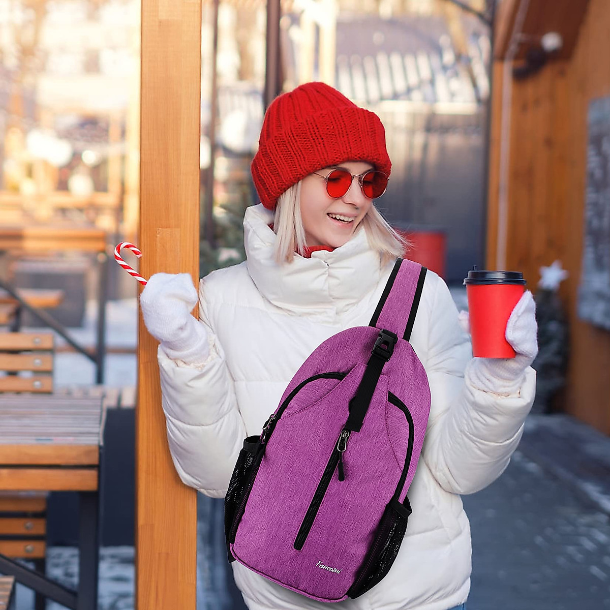 Fancosni Crossbody Sling Bags for Women Men, Black Sling Backpack, Lightweight Shoulder Bag, Multipurpose Sling Bag for Travel, Hiking, Shopping, Walking, Biking, Cycling, Earphone Hole, Chest Bag