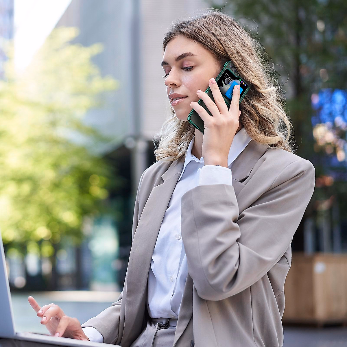 MATEPROX Phone Case for Samsung Galaxy Z Flip 5 Case, Slim Thin Lightweight Protective Phone Case with Non-Slip Leather Back with Electroplated Frame for Samsung Galaxy Z Flip 5 5G-Green