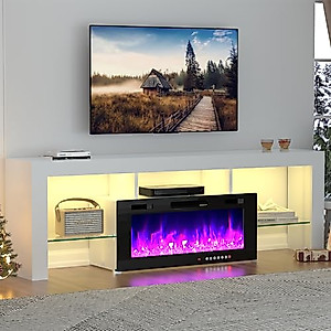 MU Modern 70" TV Fireplace Stand with 12-Color LED Lights & 12-Color Flame, High Gloss Floating Fireplace Entertainment Center with 36" Electric Fireplace (White, 70" TV Stand)