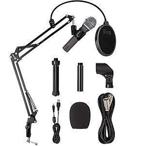 blucoil Samson Q2U USB XLR Dynamic Microphone for Windows, Mac, iOS Recording and Podcasting Bundle Boom Arm Plus Pop Filter