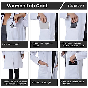 Hombury Professional White Lab Coats for Women, long sleeve, Polyester cotton fabric (White, X-Large)