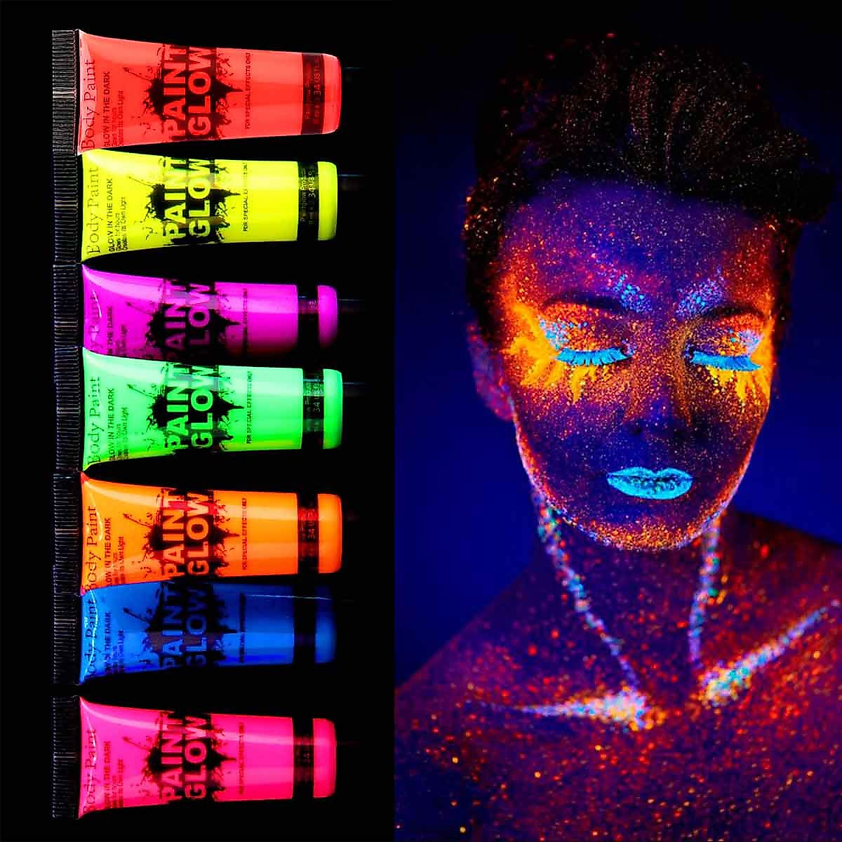 COKOHAPPY UV & Black Light Face & Body Neon Fluorescent Paint Kit (7/0.34oz), 12 Colors Glow In The Dark Pigment Powder with All Accessories Included