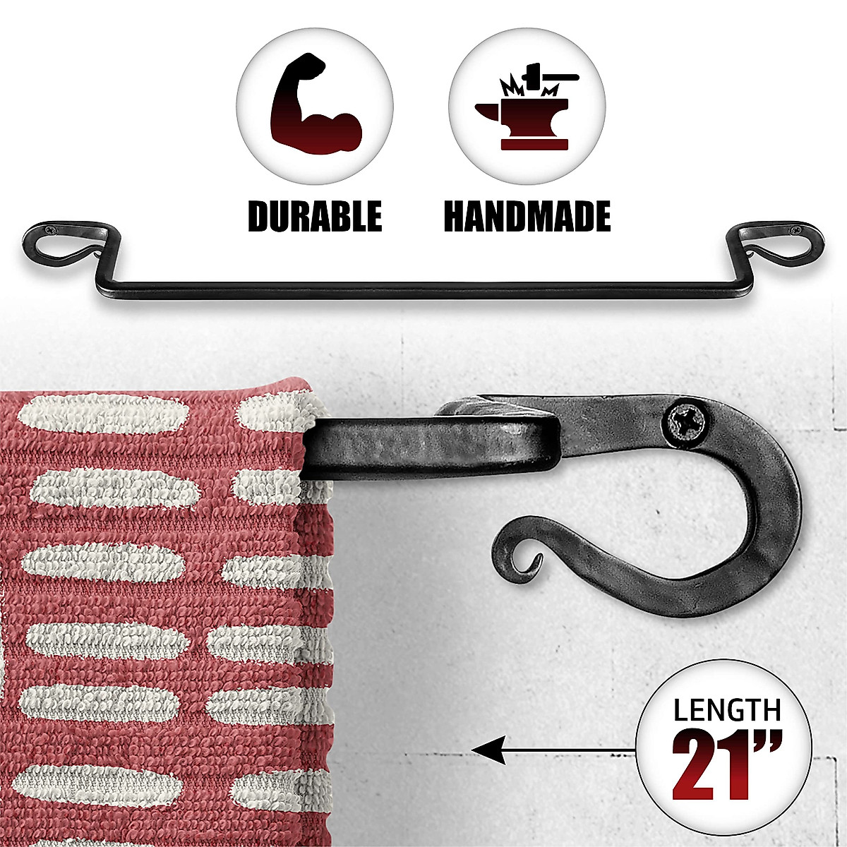 Stur-De Wrought Iron Towel Holder - Rustic Towel Rack for Bathroom or Kitchen, Wall-Mount Black Iron Towel Bar for Bath Towels - Decorative Black Towel Bar for Farmhouse-Style Home - 21 x 3 x 2 Inches