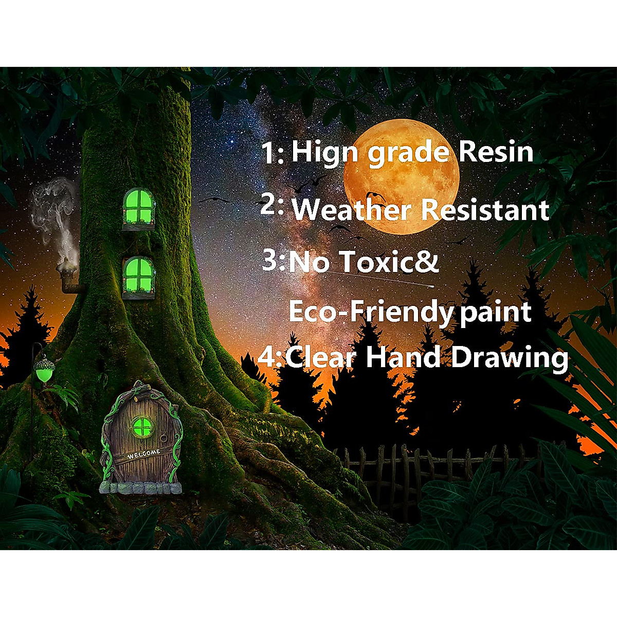 SONSIL Resin Miniature Fairy Gnome Home Windows and Welcome Door with Fairy Lantern,Glow in Dark Art Sculpture for Trees Outdoor Indoor Garden Yard Wall Decorations