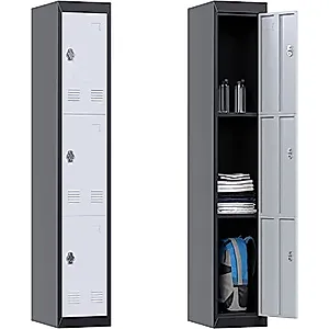 JAORD Metal Locker,3 Door Locker Storage Cabinet with Lock, 71" Steel Locker Organizer with Shelf for School,Home, Gym,Garage (3 Door Gray)