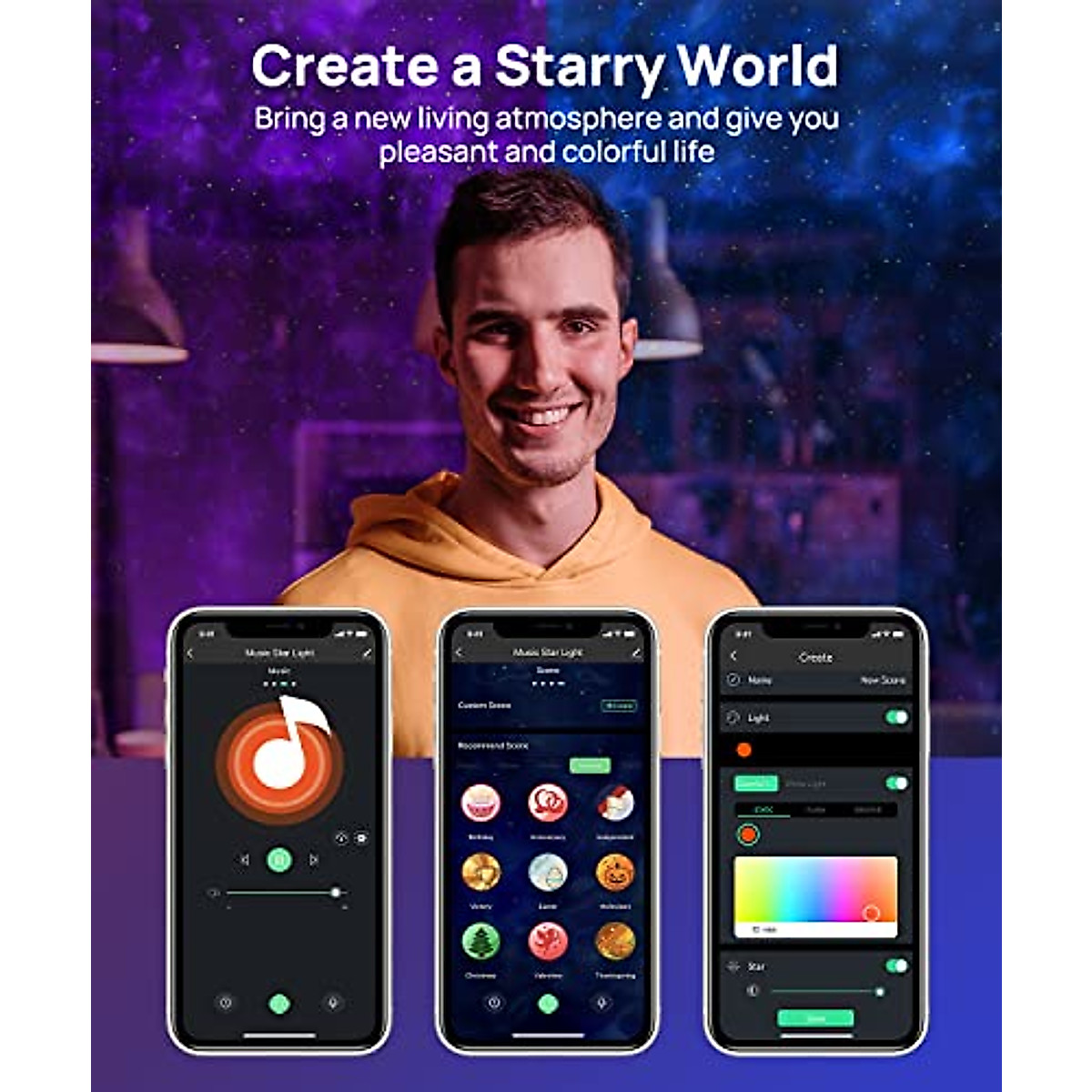 Galaxy Projector Star Projector, Christmas Room Decor Light for Kids and Adults, Smart Night Light for Bedroom with Bluetooth Speaker, APP Control, Remote Control