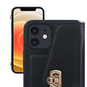 LUVI Compatible with iPhone 13 Pro Case with Card Holder Wallet for Women with Crossbody Neck Strap Lanyard Purse Handbag Shoulder Strap PU Leather Luxury Fashion 3D Crocodile Snake Skin Case Black