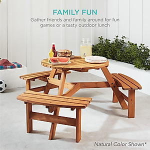 Best Choice Products 6-Person Circular Outdoor Wooden Picnic Table for Patio, Backyard, Garden, DIY w/ 3 Built-in Benches, 500lb Capacity - Walnut Brown