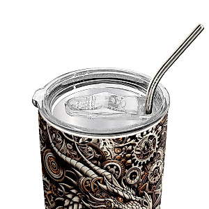 64HYDRO 20oz Steampunk Mechanical Engineer Clockwork Dragon Tumbler, Gaming, Gamer Gifts for Dragon Lovers, Stainless Steel Double Wall Vacuum Insulated Coffee Mug, Travel Cup with Lid