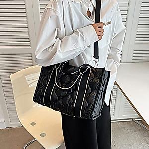 JQWYGB Puffer Tote Bag for Women - Large Puffy Tote Bag Purse Soft Padded Cotton Quilted Crossbody Bags Handbags for Travel Shoping (Black)