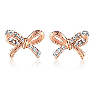 Solid 14K Rose Gold Bow Stud Earrings for Women Minimalist Delicate AAAAA CZ Small Studs Earrings Jewelry