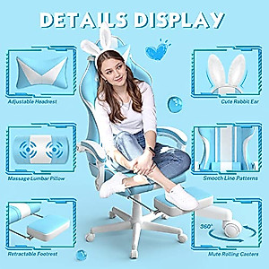 Ferghana Light Blue Gaming Chair with Bunny Ear, Cute Massage Gaming Chairs for Adults & Teens, Office PC Gamer Chair with Footrest, Kawaii Computer Game Chair for Girls, Racing Reclining Silla Gamer