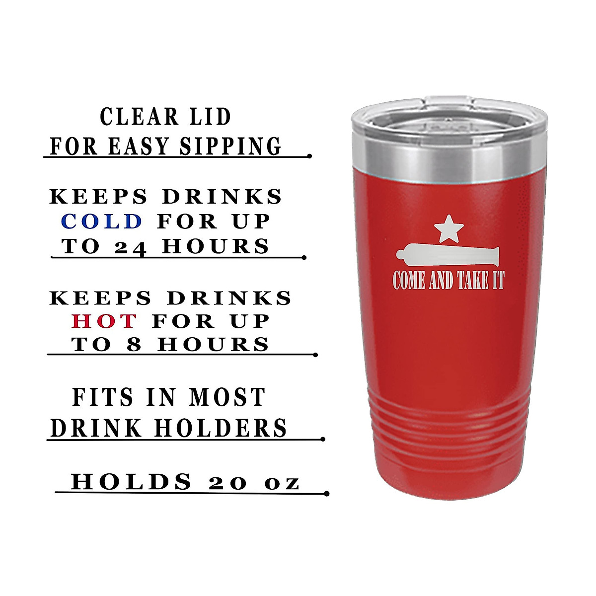 Rogue River Tactical Come and Take It Gonzales Texas Flag 20 Oz. Stainless Steel Travel Tumbler Mug Cup w/Lid Vacuum Insulated Hot or Cold (Red)