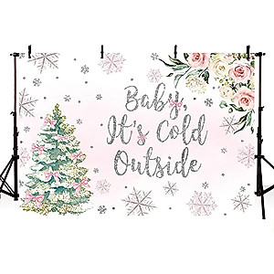 MEHOFOND Baby It's Cold Outside Backdrop Girl Baby Shower Party Decorations Silver Snowflake Winter Wonderland Photo Booth Banner Christmas Tree White Blush Pink Floral Background 7x5ft